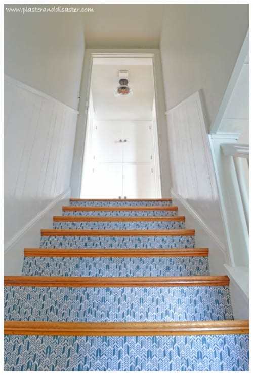 Colorful Stairwell Makeover With Fabric Stair Risers | Remodelaholic